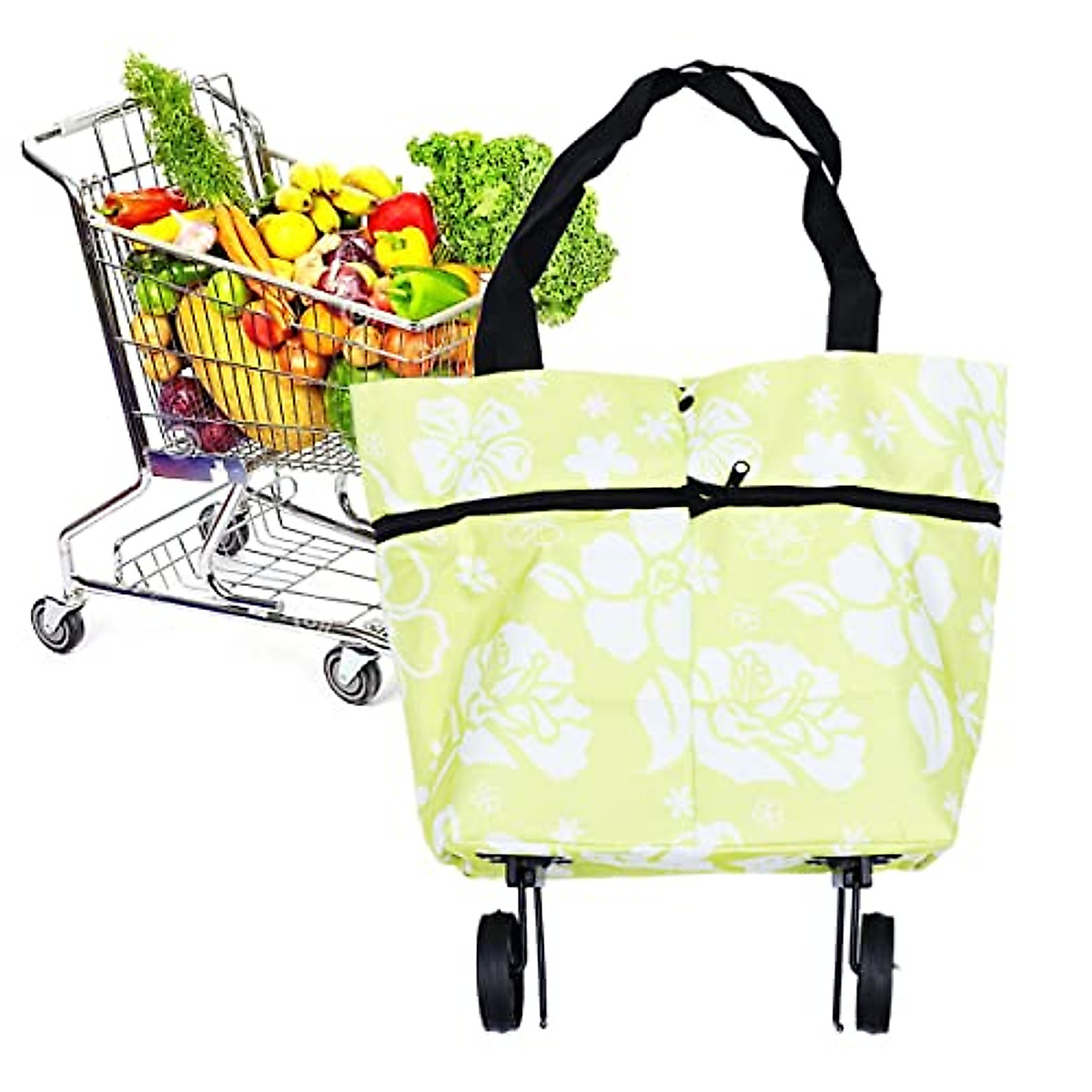 Grocery Cart on Wheels Wheeled Cart Folding Shopping Bag with Wheels,Collapsible Shopping Trolley Bags Shopping Cart(Green Leaves) Foldable Dolly Shopping Cart with Wheels