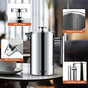 Miuly French Press 34oz, Double Insulated 304 Stainless Steel Coffee Press,Stainless Steel French Press with 5 Extra Fliters and 3 Additional Coffee Set(34oz, Sliver)