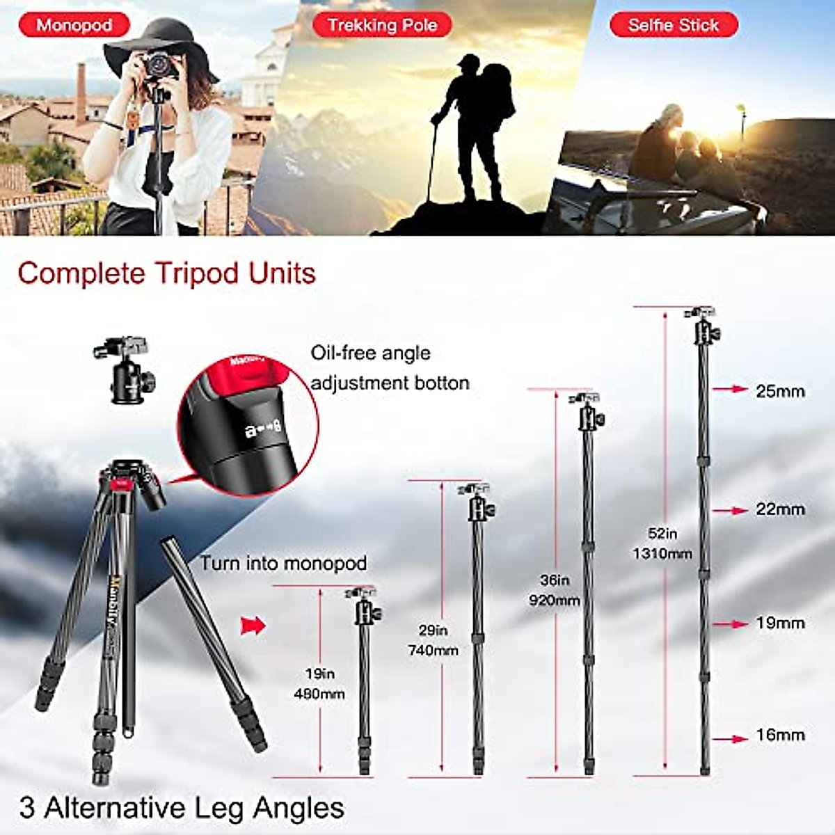 Manbily 63" Carbon Fiber DSLR Camera Tripod Monopod Kit,Compact and Lightweight,360-degree Panoramic Ball Head Quick Release Plate,5 Seconds Quickly Invert The Center Column,for Travel Work(YS-254C)