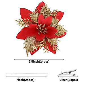 N&T NIETING 24Pcs Poinsettias Artificial Christmas Flowers, 5 inch Glitter Christmas Flowers Artificial for Decoration, Xmas Fake Flowers, Red and Gold