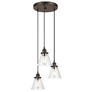 Globe Electric 61038 Jackson 3-Light Pendant, Dark Bronze, Clear Glass Shade, Bulbs Included