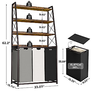Herture Laundry Basket, 3 Section Laundry Hamper with 4 Tiers Shelf, Pull-Out and Removable Laundry Bags, Large 3 x 15.87 Gallons, for Laundry Room Bathroom Rustic Brown PF05XLN