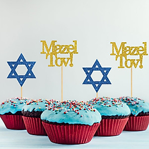INNORU Mazel Tov Cupcake Toppers, Congratulations Party Decorations, Engagement, Baby Shower, Bar Mitzvah, Birthday, Wedding, Jewish Party Decorations Supplies, Pack of 24 Glitter