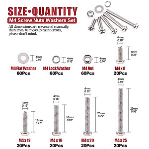 Hilitchi 300-Piece M4 Phillips Pan Head Screws Bolt Nut Lock Flat Washers Assortment Kit, 304 Stainless Steel