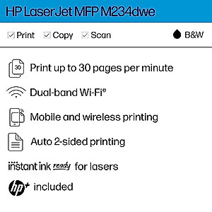 HP LaserJet MFP M234dwe All-in-One Wireless Black & White Printer with HP+ and 6 Months Free-cartridges (6GW99E),Gray