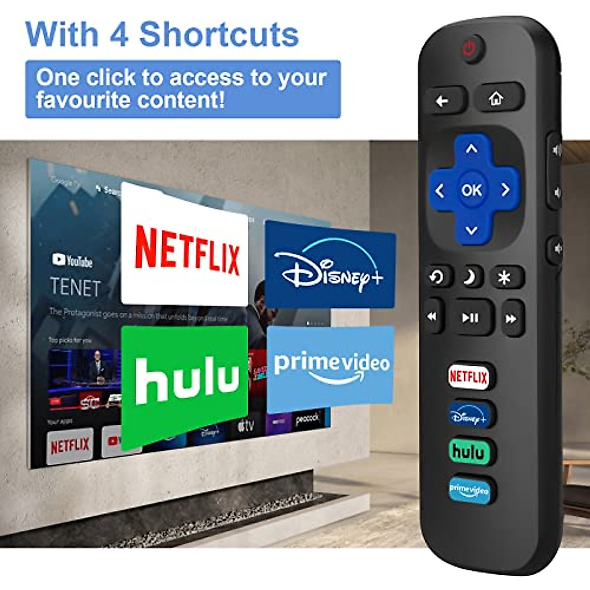 LOUTOC Replacement RC280 RC282 Compatible with TCL-Roku-TV-Remote, Universal TV Remote for Roku Hisense, Onn, Sharp, Philips TVs with Netflix, Disney Hulu, Primevideo Buttons
