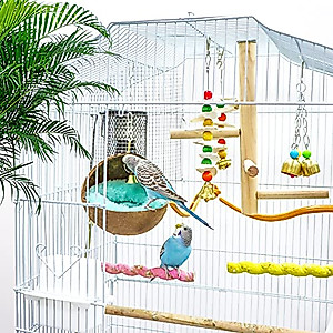 2 Pcs Natural Coconut Shell Bird Nest House Bed Breeding Nesting Anti-Pecking Bite with Warm Pad and Bell for Bird Parrot Budgie Parakeet Cockatiel Conure Lovebird Canary Finch