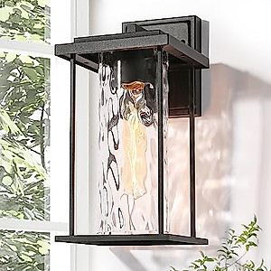 Black Outdoor Wall Lights, Farmhouse Exterior Wall Sconces Light Fixture with Cylindrical Water Ripple Glass Shade, Modern Waterproof Lanterns for Front Door, Entry, Porch, Patio, and Gazebo