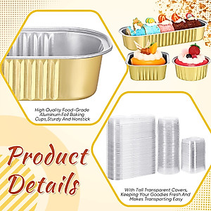 150 Pcs Mini Cake Pans with Lids Disposable Ramekins 6.8 oz 5 oz Aluminum Foil Cupcake Baking Cups, Rectangle Round Square Cupcake Liners Cake Tins for Flan Muffin Dessert Party Favors, Gold