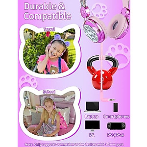 charlxee Kids Pom Headphones with Mic for Travel/Car/Plane,Added 85DB Limit Function&Shareport,Unicorns Gifts for Girls,On/Over Ear HD Stereo Wired Headsets with Nylon Cable-Hot-Purple