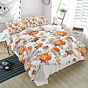 3 Pieces Duvet Cover Bedding Set Cal King Fall Watercolor Pumpkin Burnt Orange Maple Leaf Breathable Ultra Soft Comforter Cover with Zipper and Pillowcases Quilt Covers Thanksgiving Farm Harvest