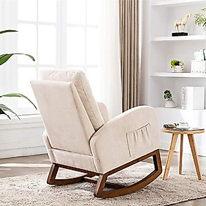 Dolonm Rocking Chair Mid-Century Modern Nursery Rocking Armchair Upholstered Tall Back Accent Glider Rocker for Living Room (Beige-Linen)