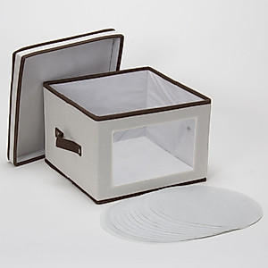 Household Essentials 536 Dinnerware Storage Box with Lid and Handles | Storage Bin for Dinner Plates | Natural Canvas with Brown Trim