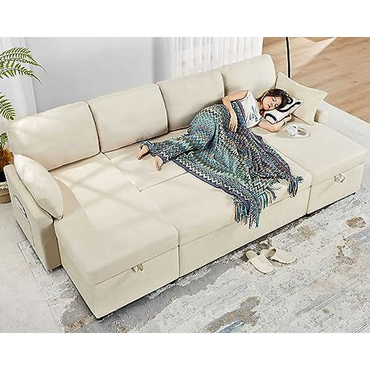 VanAcc Sleeper Sofa, 110 inch Overisze - 2 in 1 Pull Out Bed, Sectional Sleeper Sofa with Double Storage Chaise for Living Room, Beige Chenille Couch