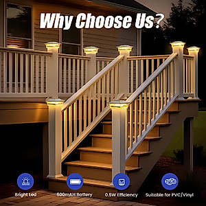 APONUO 5x5 Solar Post Cap Lights White for Vinyl Fence,White Solar Post Cap Lights 2 Color Mode Outdoor Waterproof for Fence Post Caps 4x4,6x6 Wood&4x4 5x5 Vinyl Deck Post Caps,White,6 Pack