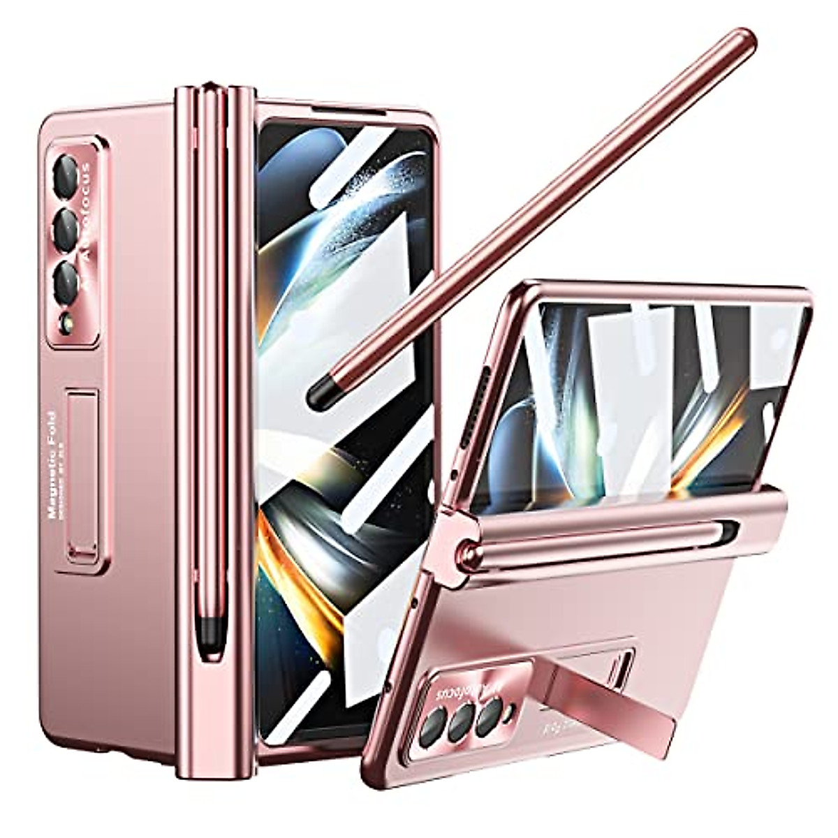 YQODSZ for Samsung Galaxy Z Fold 4 Case with S Pen & Pen Holder, [Hinge Protection] [Built-in Screen Protector] [Kickstand Feature] All-Inclusive Slim PC Phone Case Cover for Z Fold 4 2022 - Pink