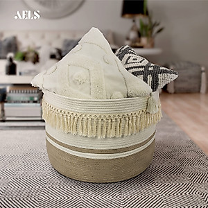AELS XXXLarge 22"22"x15" Rope Boho Decor Basket Woven Bathroom Basket for Blankets Storage Basket Bathroom with Handle Comforter Cushions Storage Bins Thread Laundry Hamper-Brown and White