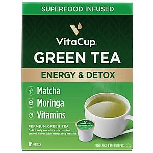 VitaCup Green Tea Pods, Enhance Energy & Detox with Matcha, Moringa, B Vitamins, D3, Keto, Paleo, Vegan, Recyclable Single Serve Pod, Compatible with Keurig K-Cup Brewers,16 Ct
