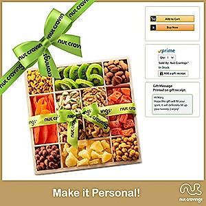 Dried Fruit & Mixed Nuts Gift Basket in Reusable Wooden Tray + Ribbon (12 Assortments) Purim Mishloach Manot Gourmet Food Bouquet Arrangement Platter, Birthday Care Package, Healthy Kosher Snack Box