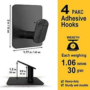 Hanpex Adhesive Hooks - 4 Pack Towel/Wall Hooks for Hanging Coat, Hat,Towel Robe, Heavy Duty Hooks Stick on Kitchen or Bathroom (Matte Black, Waterproof, Stainless Steel)