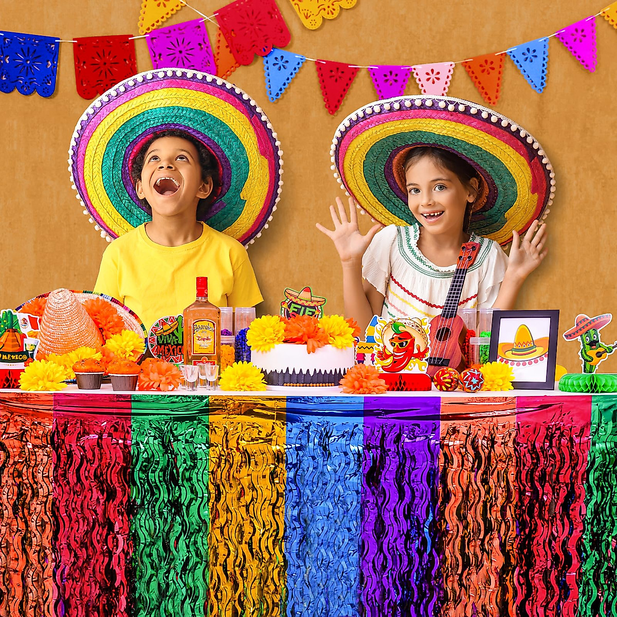 Mega-L Fiesta Party Decorations 2Pack Mexican Wavy Metallic Tinsel Foil Fringe Table Skirt for Dia De Los Muertos Table,Day of The Dead Decorations Perfect for Taco Birthday Party,Cinco de Mayo Decor