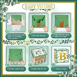 4 Pieces Sage Green Baby Boxes Decoration Baby Shower Backdrop Blocks Gender Reveal Photo Props Greenery Eucalyptus Leaves Gold White Baby Shower Favors Decorations Baby Boxes with Letters for Decor