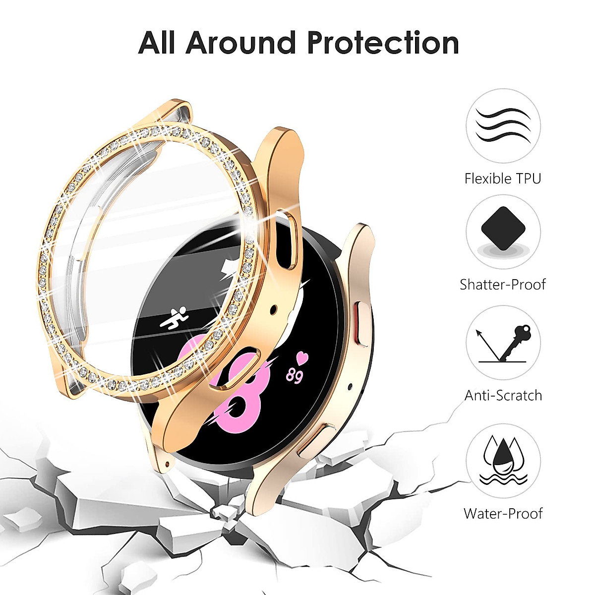 Surace Soft TPU Case for Galaxy Watch 4 & Galaxy Watch 5 40mm with Screen Protector, Bling Crystal Diamond Protective Bumper for Samsung Galaxy Watch 4 5 40mm (3 Packs, Rose Gold/Pink/Clear)
