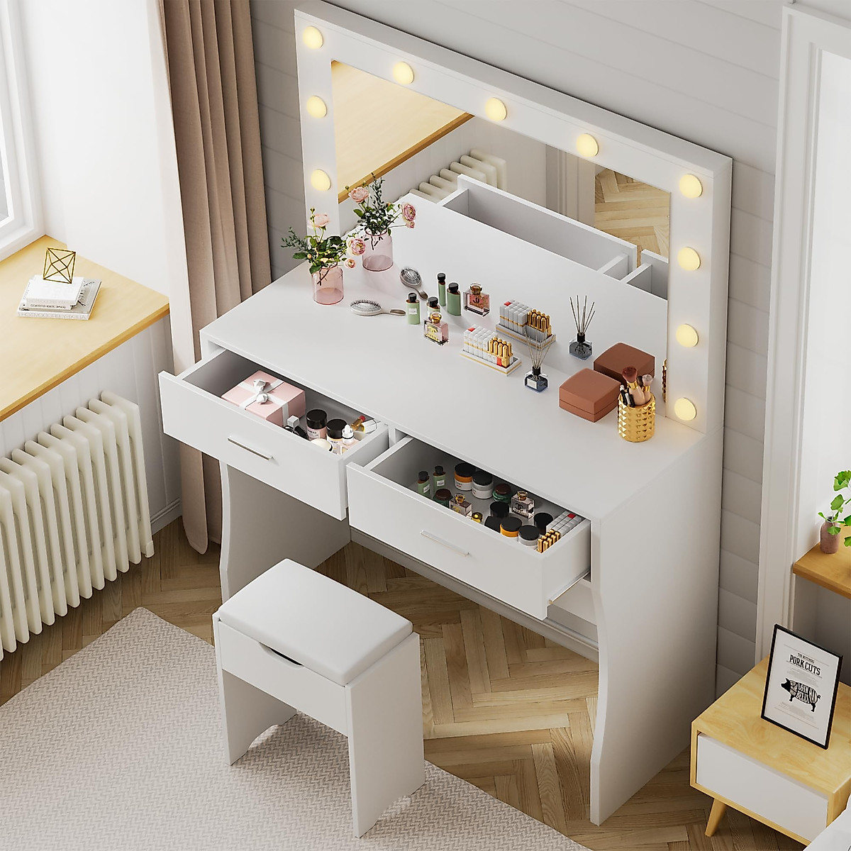 YESHOMY Vanity Desk with Mirror, Makeup Table with 11 Adjustable Lights and 2 Spacious Drawers, Soft-Padded Storage Stool, 3 Lighting Modes with Control, for Bedroom, White