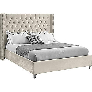 Meridian Furniture Aiden Collection Modern | Contemporary Velvet Upholstered Bed with Deep Button Tufting, Solid Wood Frame, and Custom Chrome Legs, Full, Cream