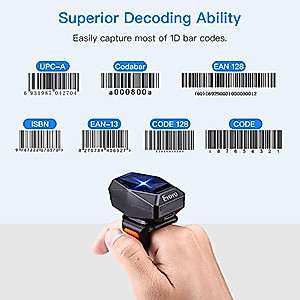 Eyoyo 1D Bluetooth Wearable Ring Barcode Scanner, Portable Mini Finger Bar Code Reader with 2.4GHz Wireless & USB Wired Connection for iPhone iPad Android iOS, for Book, Warehouse Inventory, Express