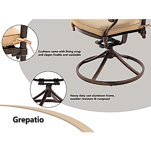 Grepatio 5 Piece Cast Aluminum Patio Dining Set Outdoor Furniture Set Patio Garden Set with 4 Swivel Rocker Ding Chairs, 4 Cushions and 35.4" Square Patio Table 2.4" Umbrella Hole (Khaki)