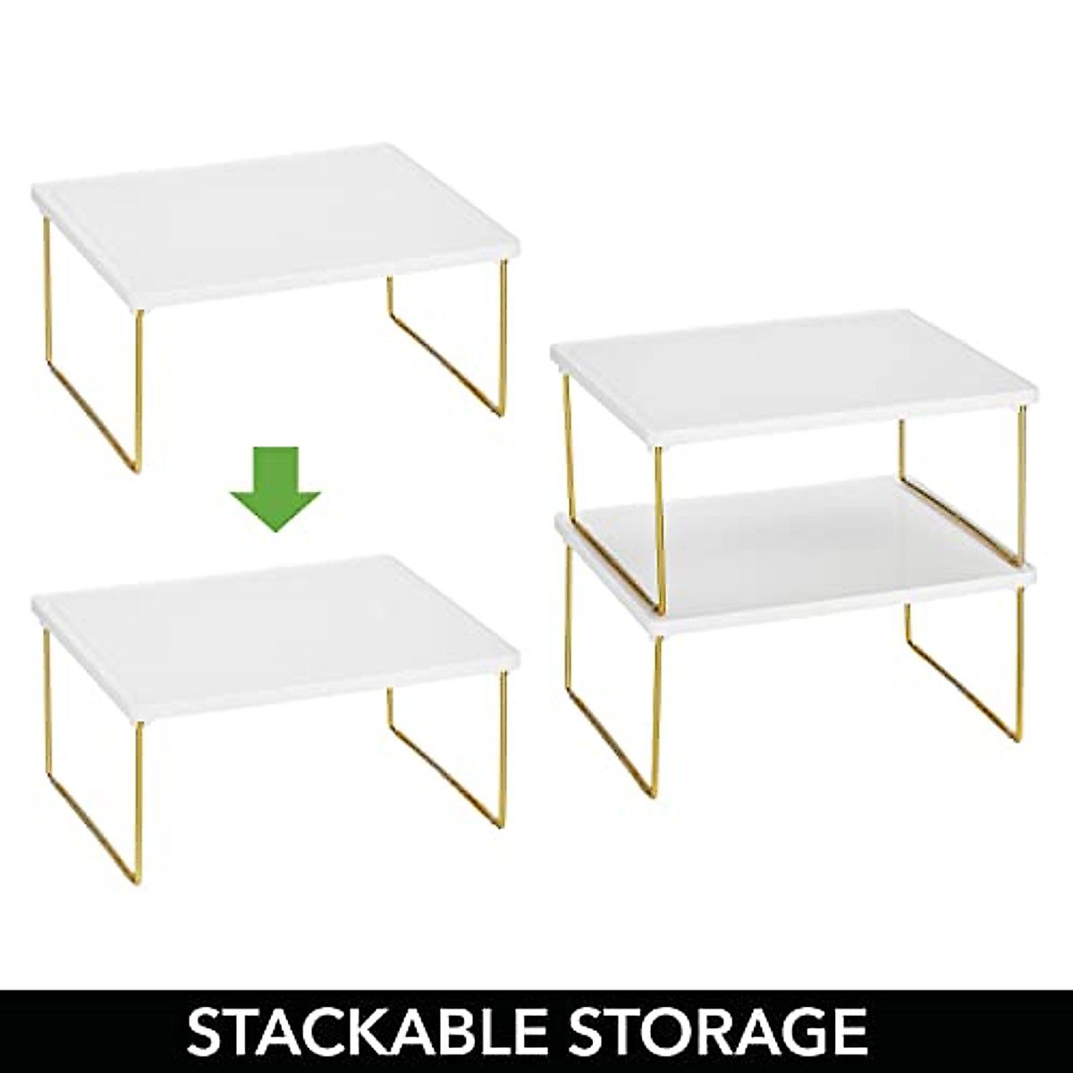 mDesign Metal Stacking Storage Organization for Shelves Inside Cabinet in Kitchen, Pantry, Cupboard, Fridge/Freezer, Organizer Stand for Plates, Bowls, Mugs, Ligne Collection, 4 Pack, White/Soft Brass