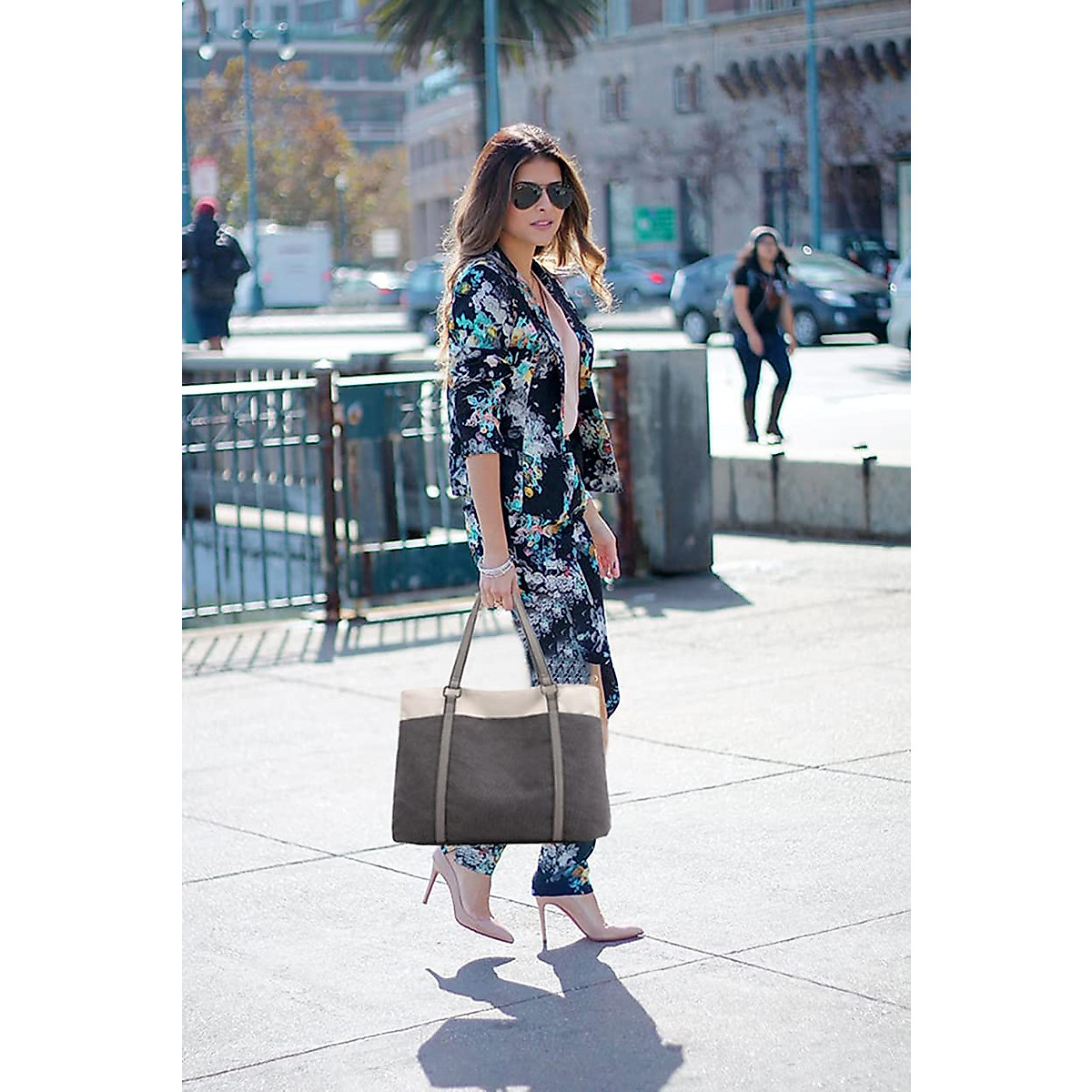 Scioltoo Teacher Tote Bags 15.6 Inch Vintage Canvas Laptop Tote with Zipper and Pockets Ladies Office Bag Womens Practical Shoulder Purse for Work Dark gray (B-Dark gray)