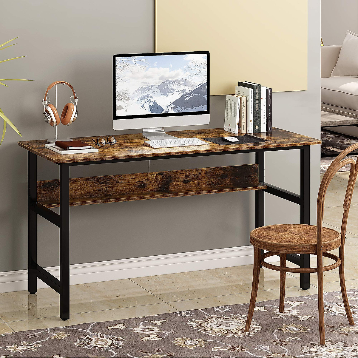 HOME BI Computer Desk, 55'' Writing Desk, Study Desk with Storage Shelf, Industrial Style Office Desk, Wood Metal Frame PC Laptop Table Workstation for Home