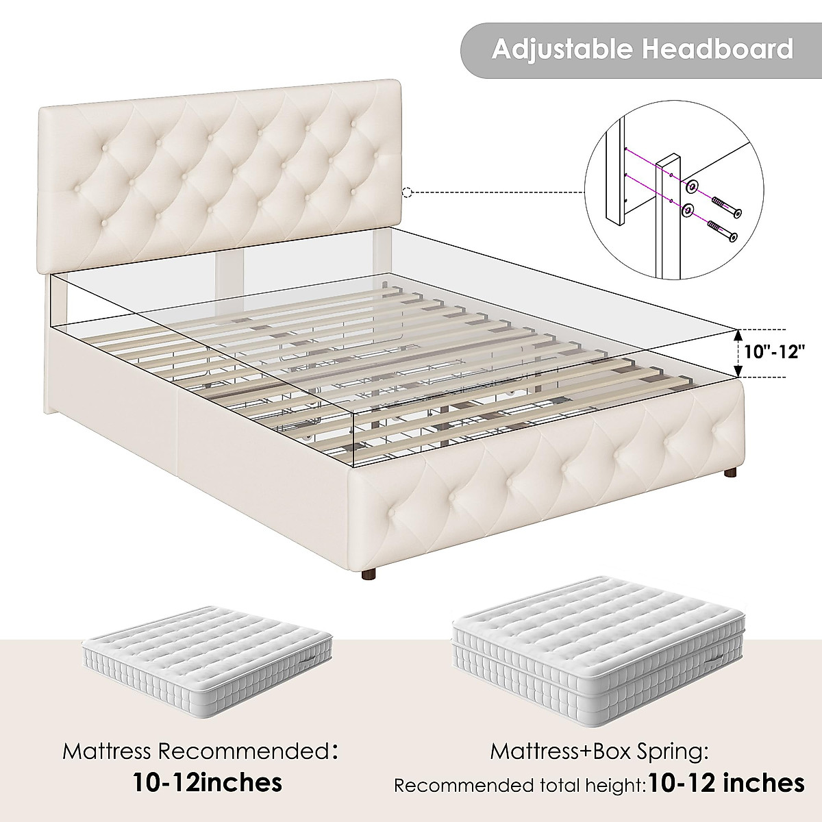 Keyluv Modern Upholstered Bed Frame with 4 Storage Drawers, Button Tufted Headboard Design, Solid Wooden Slat Support, Easy Assembly, Fabric, Beige, Queen Size