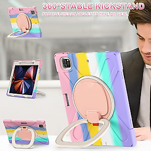 BATYUE iPad Pro 12.9 2021 Case,[Rugged] [Heavy Duty] iPad Pro 12.9 5th Generation Case with 360° Swivel Stand/Handle Grip/Shoulder Strap/Wireless Apple Pencil Charging Pencil Holder - Colourful Pink
