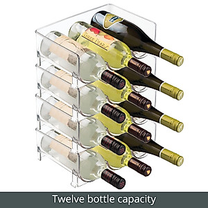 mDesign Stackable Plastic 3 Bottle Refrigerator Wine Rack - Kitchen Storage Organizer for Champagne, Wine or Water Bottles - Stacking Wine Organizer for Fridge - Ligne Collection - 4 Pack - Clear
