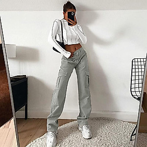 Womens Fall Fashion 2023 High Waisted Cargo Pants Wide Leg Teen Girls Pants Combat Military Trouser Silver Gray