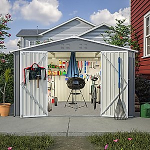 Backyard Shed,10 X 8 Ft Large Metal Tool Sheds, Heavy Duty Storage House with Sliding Doors with Air Vent for Backyard Patio Lawn to Store Bikes, Tools, Lawnmowers Dark Grey