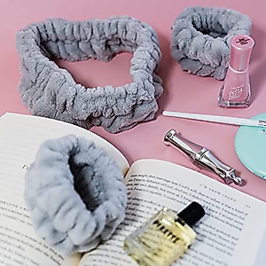 FROG SAC Spa Headband for Washing Face and Matching Wristbands, Teen Girls Fuzzy Skincare Headbands, Kids Soft Facial Makeup Head Band, Shower Skin Care Girl Hair Sleepover Party Supplies (Gray)