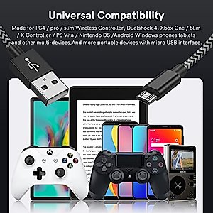 PS4 Controller Charging Cable, [2Pack 10FT] Micro USB Charger Play and Charger Data Sync Cord for PS4/ PS4 Pro/ PS4 Slim/ PS4 Controllers, Xbox One X/One S/One Elite/One Controllers - BlackGrey