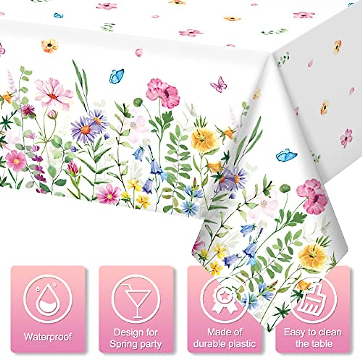 4Pcs Spring Floral Plastic Tablecloth,Pink Purple Blue Flower Butterfly Disposable Table Cover for Home Decor Summer Spring Picnic Dining Holiday Weeding Birthday Tea Party Decorations,54x108 Inch