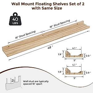 Picture Ledge Shelf Set of 2, 48 Inch Natural Wood Rustic Floating Shelves with Lip for Wall Storage, Nursery Floating Book Shelves for Living Room Bathroom Bedroom Kitchen, Carbonized Black