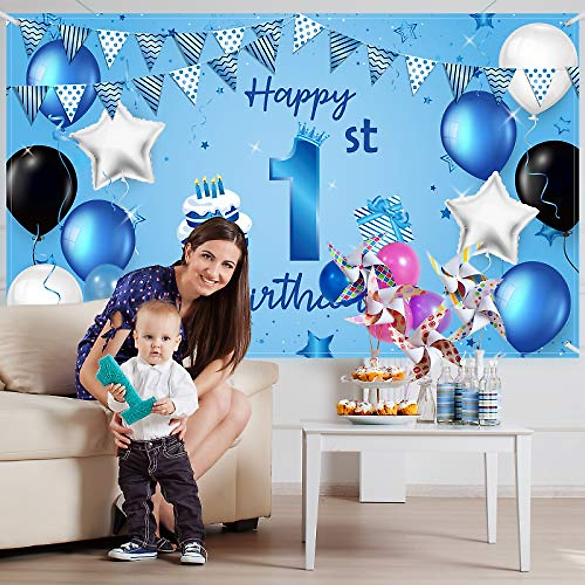 Happy 1st Birthday Backdrop Banner Blue Newborn Boys First Birthday Backdrop Photography Background for 1st Birthday Baby Shower Party Decorations Supplies 72.8 x 43.3 Inch