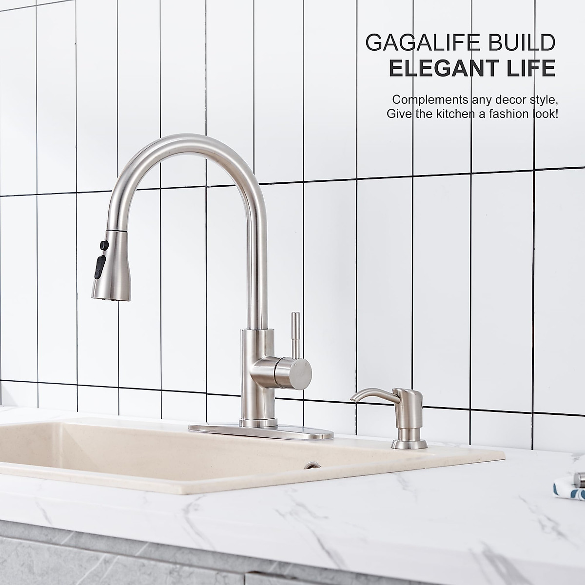 GAGALIFE Built in Sink Soap Dispenser or Lotion Dispenser for Kitchen Sink, Brushed Nickel ABS Pump Head, with 13 Ounce Large PET Soap Bottle