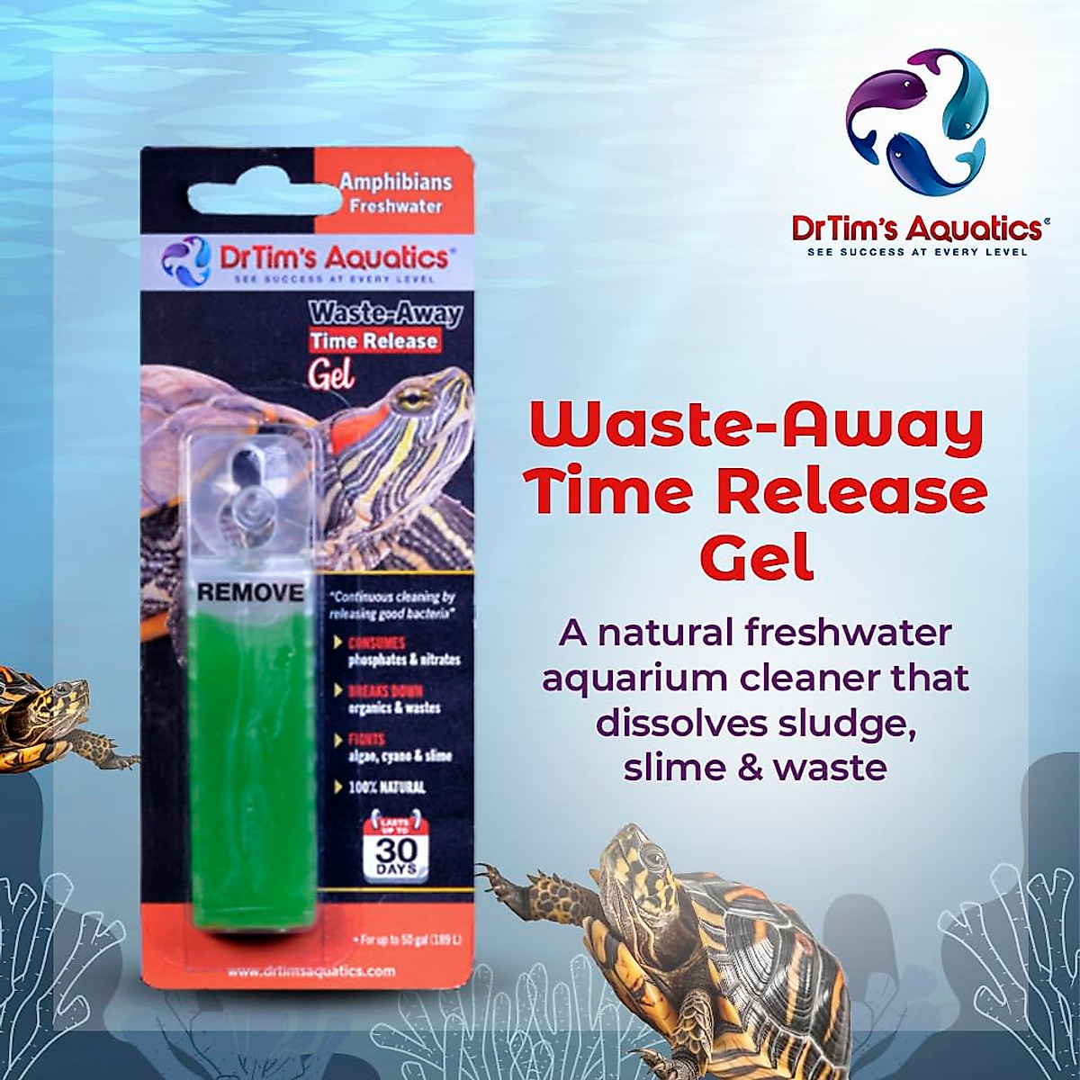 DrTim's Aquatics Freshwater Waste-Away Time Release Leave-in Gel – Natural Cleaner for Turtle Aquariums - Solution Dissolving & Cleaning Organic Sludge Waste Small 2 Pack Treats 20 gal