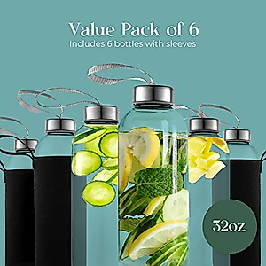 Kitchen Lux 32 oz Glass Water Bottle Set of 6 - Glass Water Bottles Caps & Sleeve, Reusable Glass Bottle Lids, Clear Glass Bottles, Refillable Glass Juice Bottles for Juicing, Juicer Bottles
