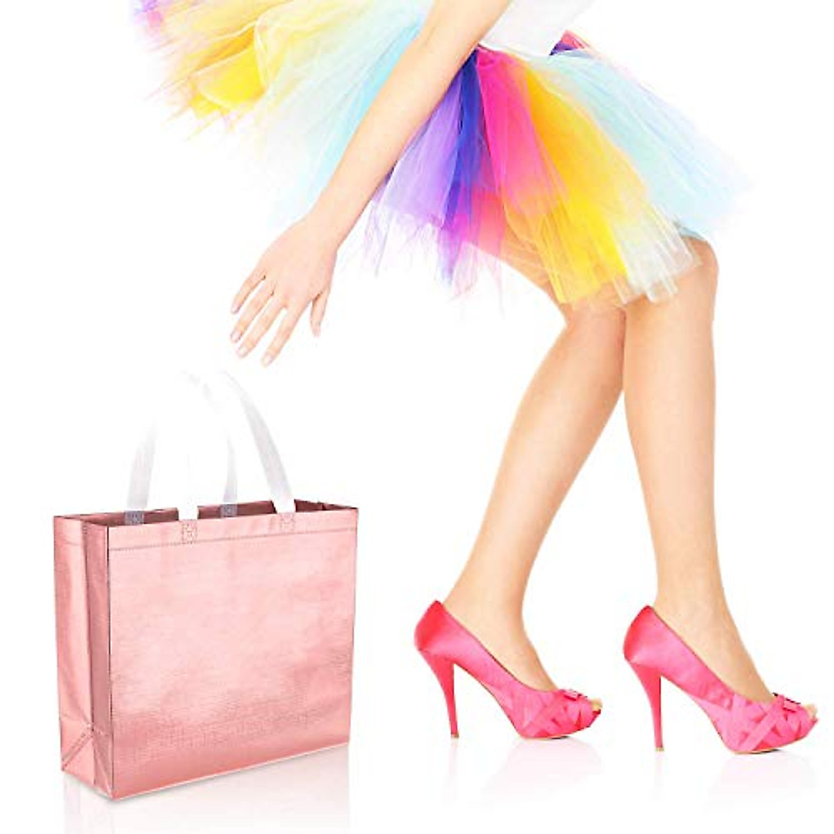 Whaline Set of 12 Reusable Rose Gold Gift Bags Glossy Glitter Tote Bag with Handles Large Size Stylish Party Holidays Favor Bags for Wedding Birthday Party Valentines Mother's Day Christmas