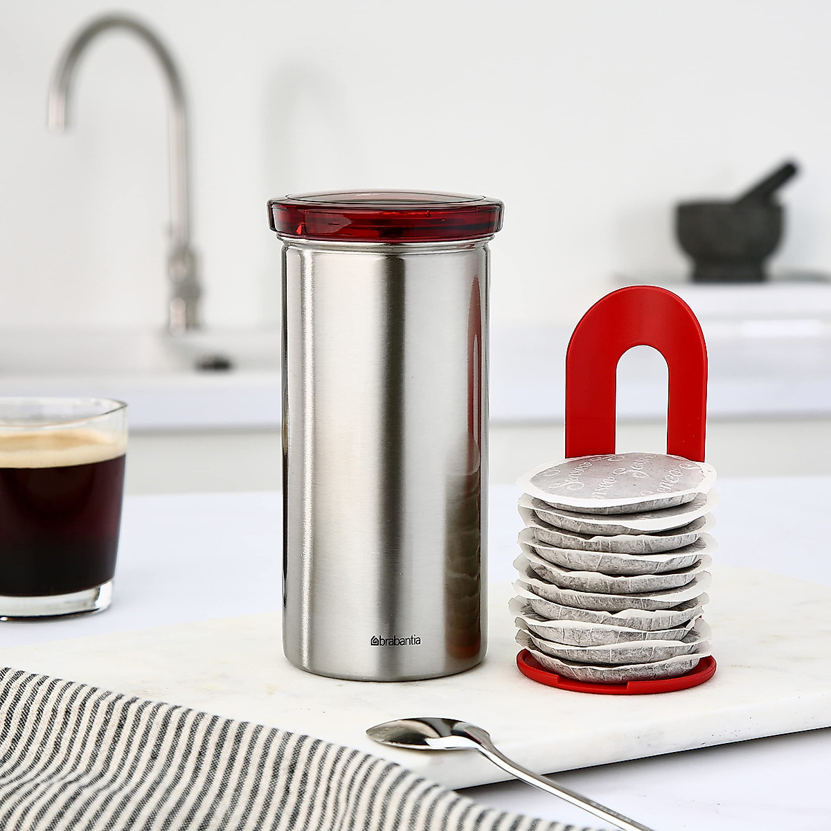Brabantia Senseo Coffee Pod Storage Jar with Senseo Imprint with Matt Steel Fingerprint Proof Red Lid