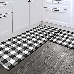 Sunlit Set of 2 Anti Fatigue Kitchen Floor Mat, Non Slip Waterproof Comfort Standing Mat, 0.4 Inch Thick Cushioned Farmhouse Kitchen Rug Runner, White Black Buffalo Check (17"x28"&17"x47")